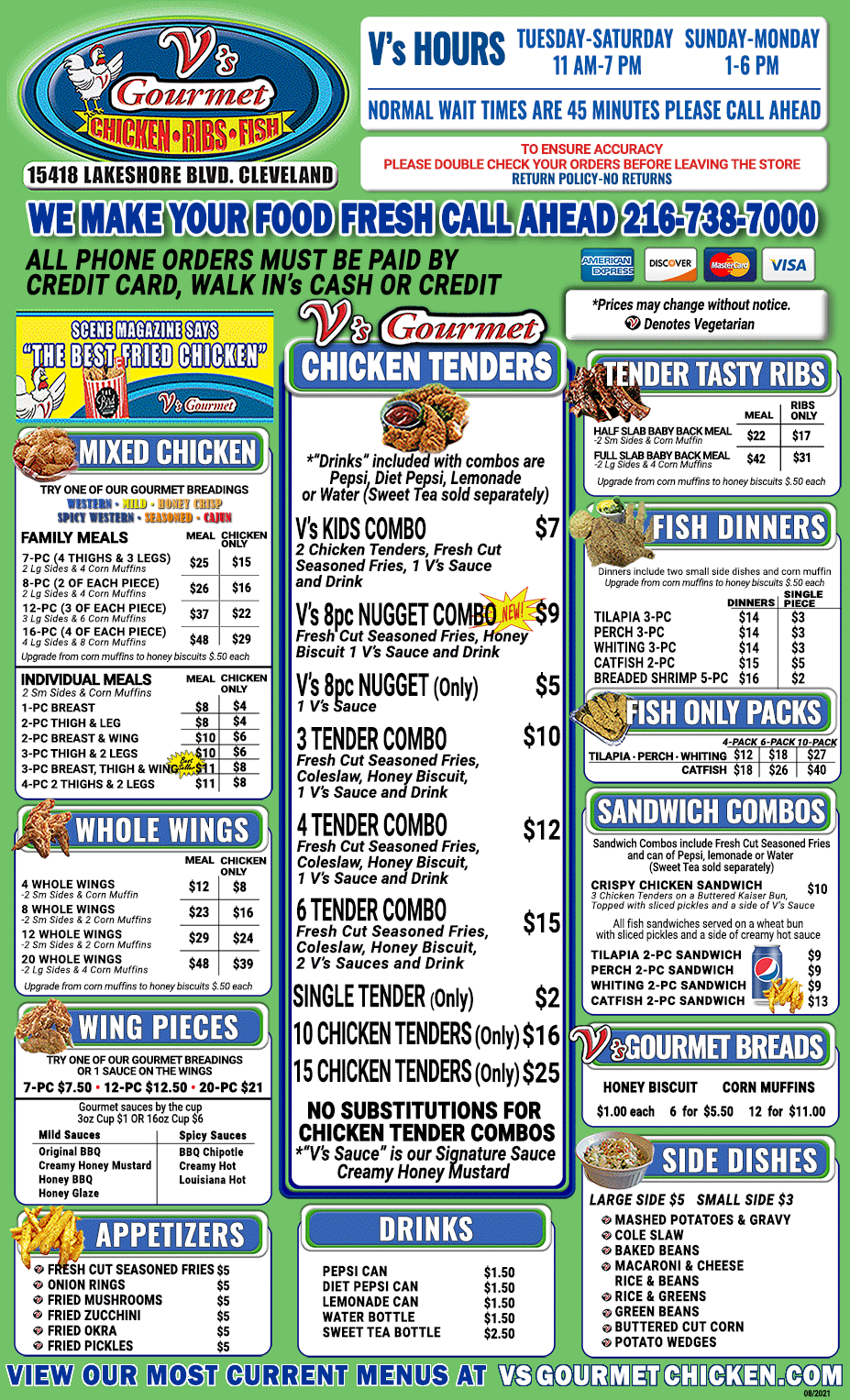 V's Gourmet Chicken, Ribs and Fish. Dining Menu.